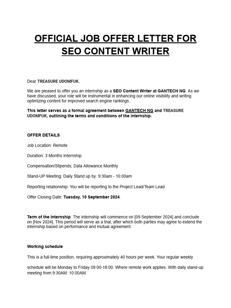 Official Job Offer Letter For Seo Content Writer Treasure Udomfuk | PDF