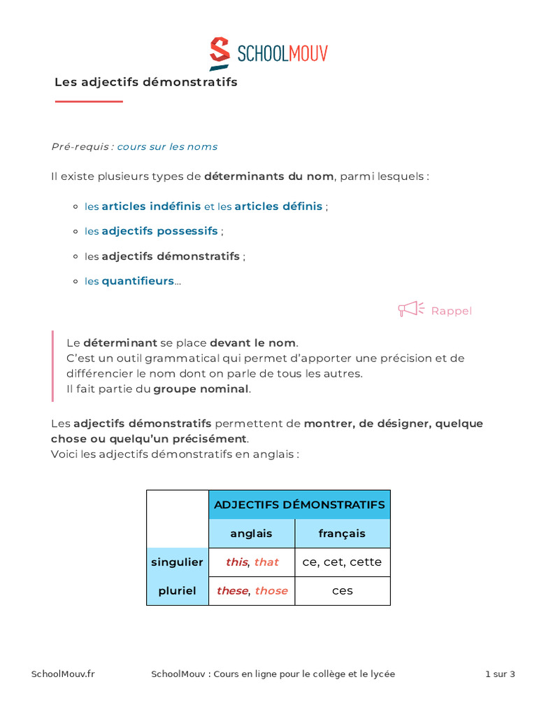 Adjectifs Demonstratifs Anglais Fiche de Cours | PDF