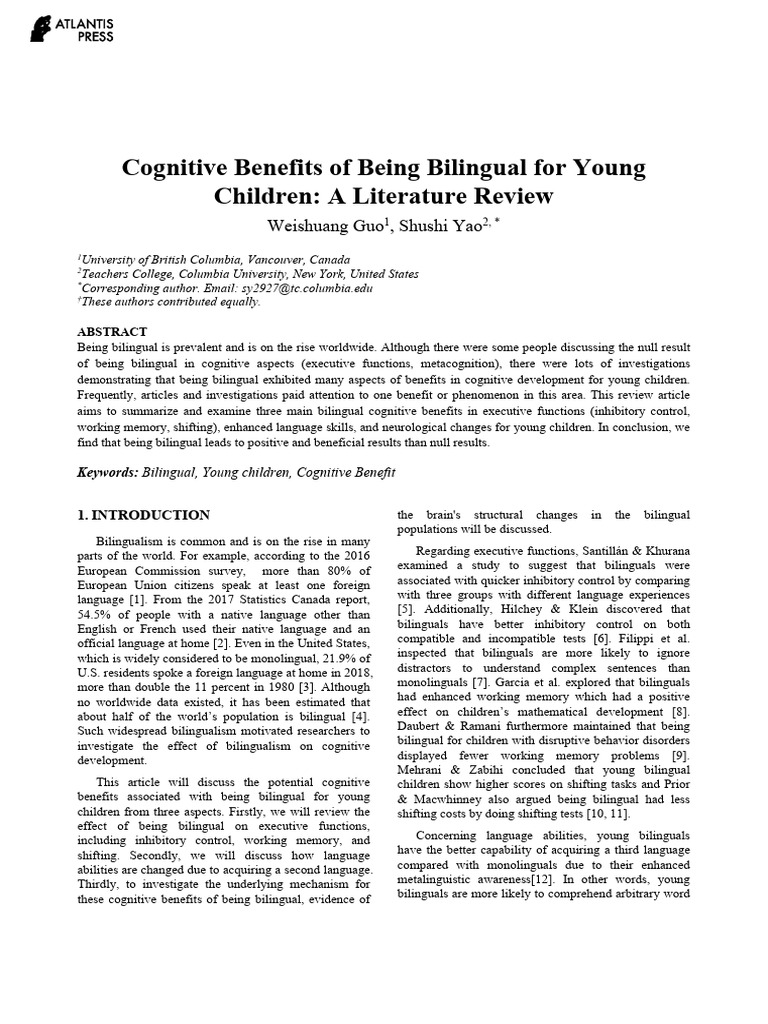 Cognitive Benefits of Being Bilingual For Young Children: A Literature ...