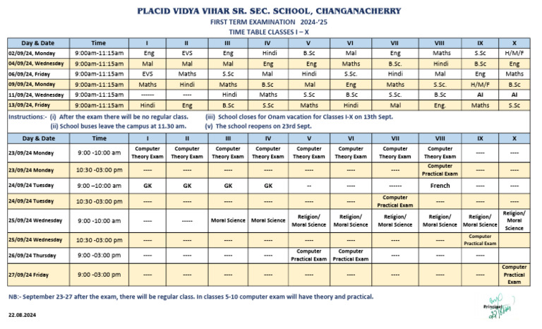 Term 1 - Time Table 2024 | PDF