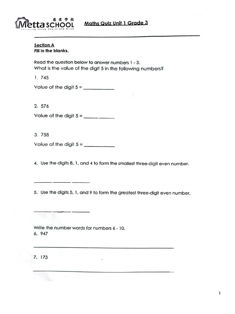 G3 Math Quiz Unit 1 Numbers | PDF