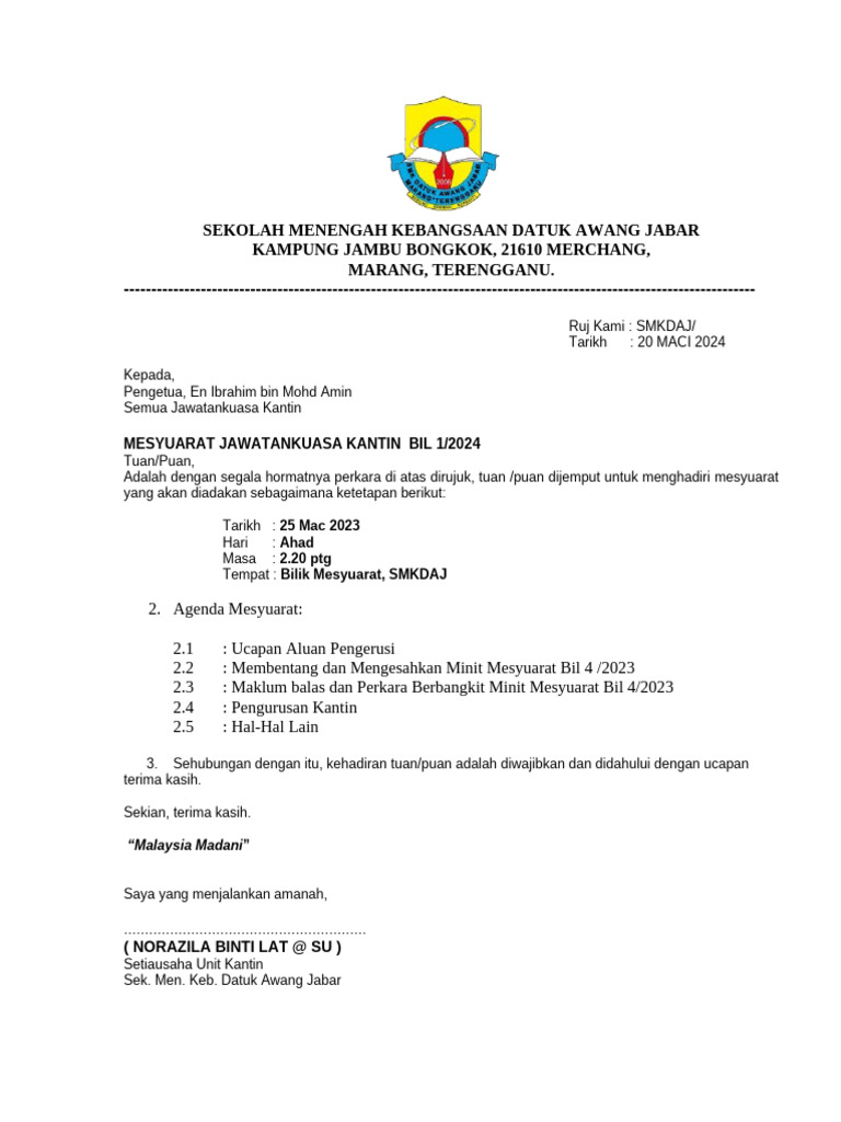 SURAT panggilan mesyuarat Kantin 1 | PDF