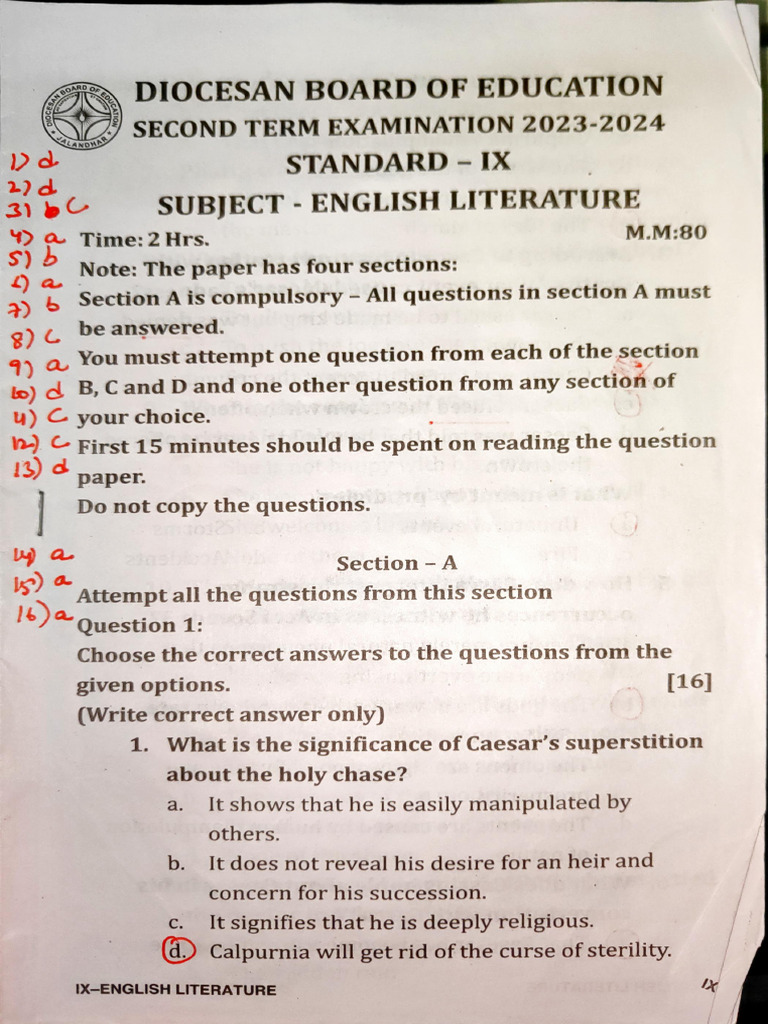 IX LITERATURE Last Year Question Paper | PDF