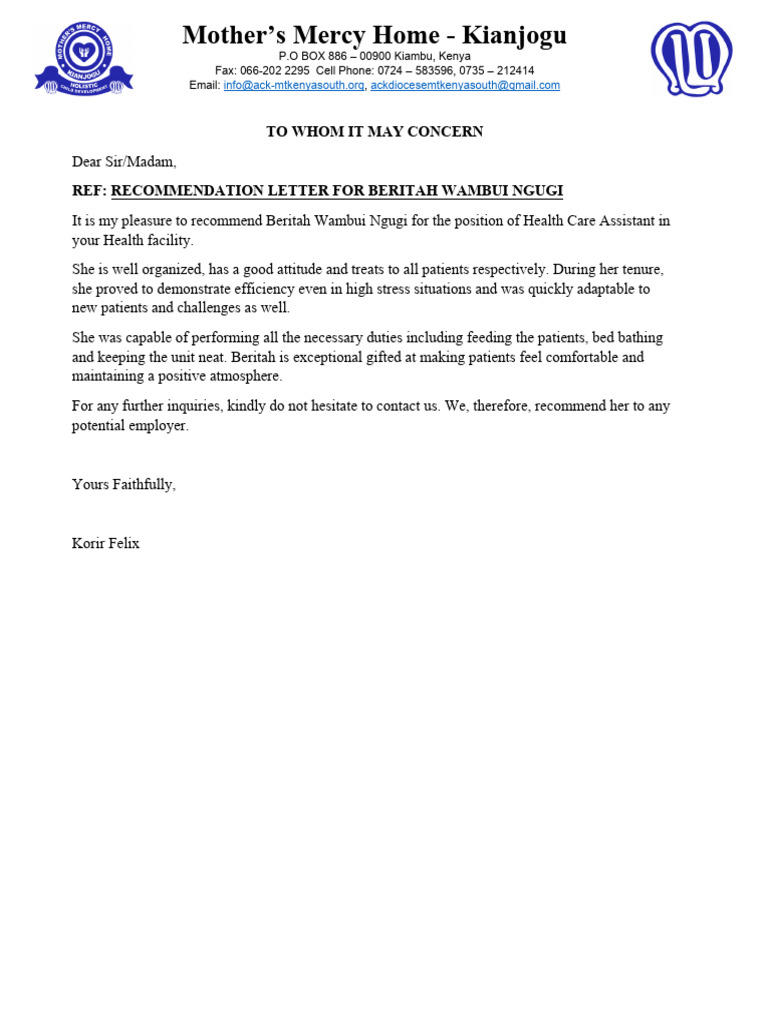 Mother's Mercy Home Recommendation Letter | PDF