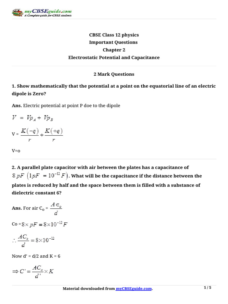 12 - Physics - Important Question Electrostatic | PDF