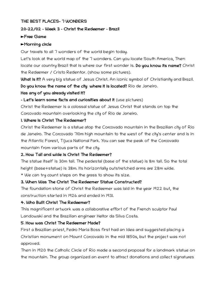 Week 3 - The 7 Wonders Project Christ The Redeemer | PDF | Travel