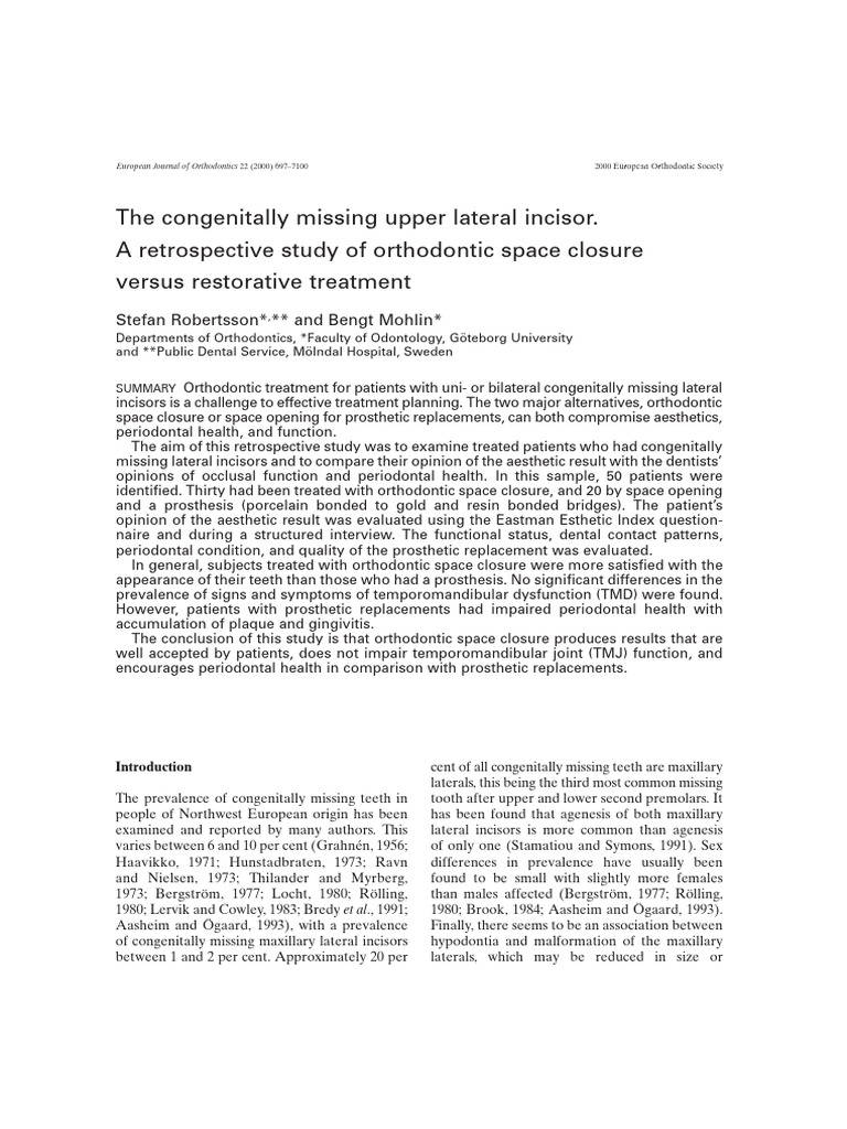 The Congenitally Missing Upper Lateral Incisor. A Retrospective Study ...