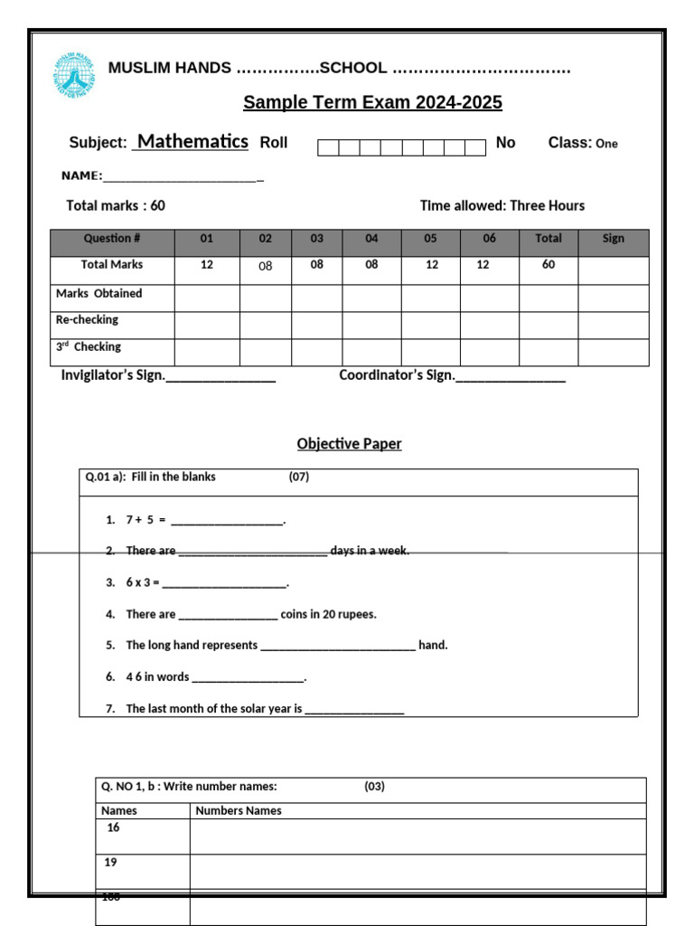 Sample Term Modal Paper Math Class One | PDF