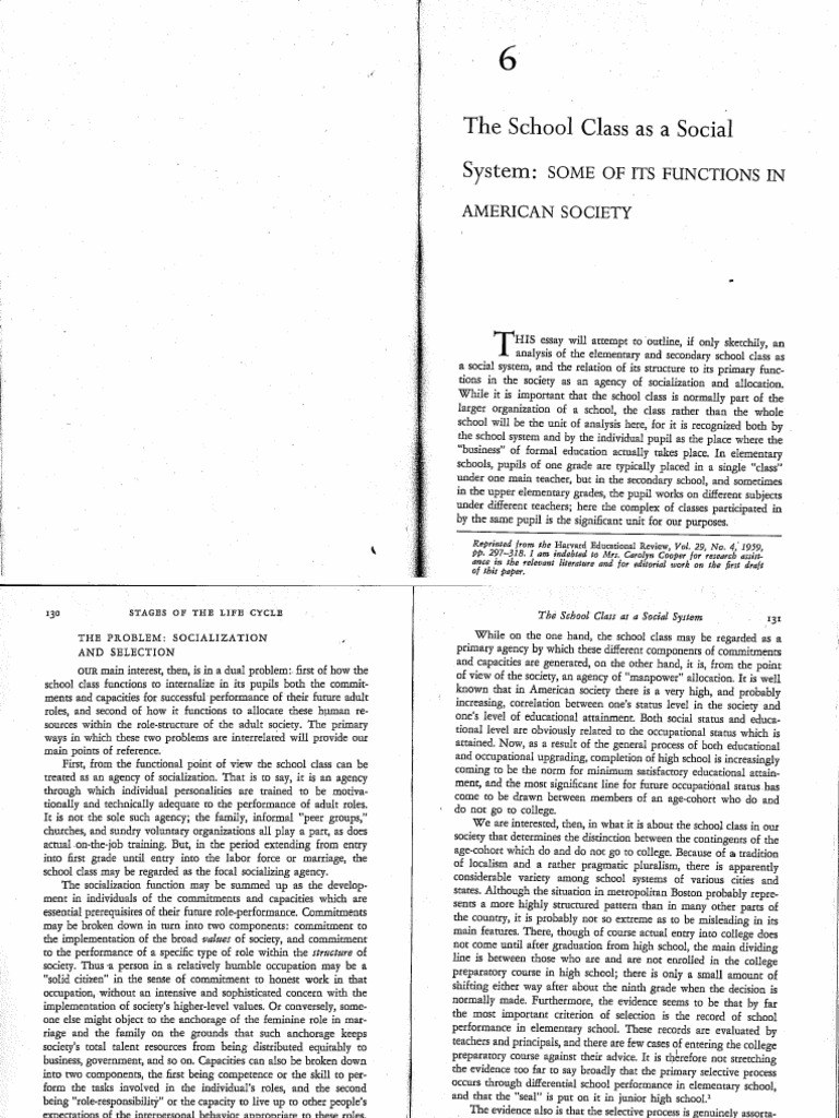 Parsons The School Class As Social System | PDF