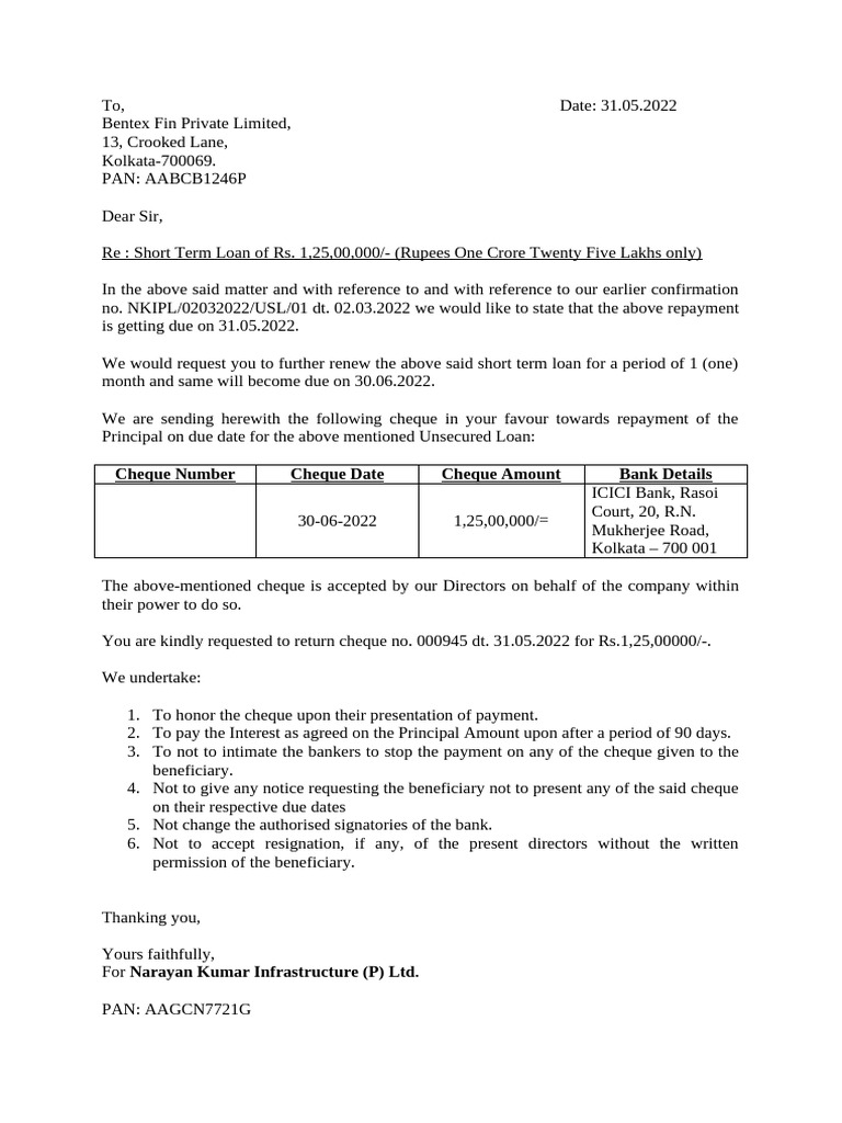 Loan Letter Narayan Kumar Infrastructure (P) Ltd. | PDF