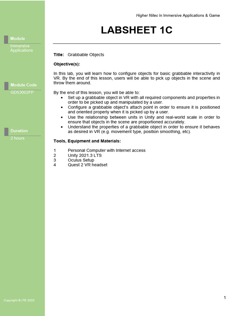 Lab 1C - Grabbable Objects | PDF