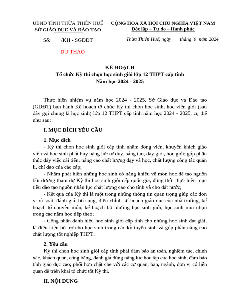 Ke Hoach To Chuc Ky Thi Chon Hoc Sinh Gioi Lop 12 THPT Cap Tinh Nam Hoc 2024 2025 | PDF
