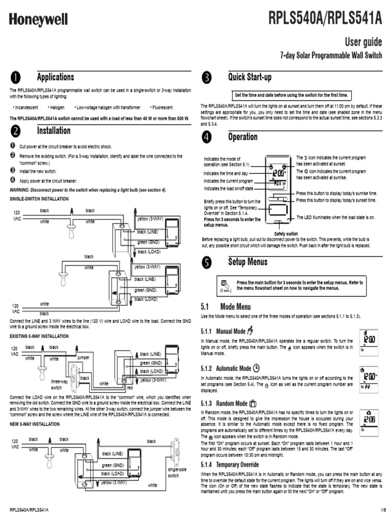 RPLS541A RPLS540A Honeywell Light Switch Timer Manual | PDF