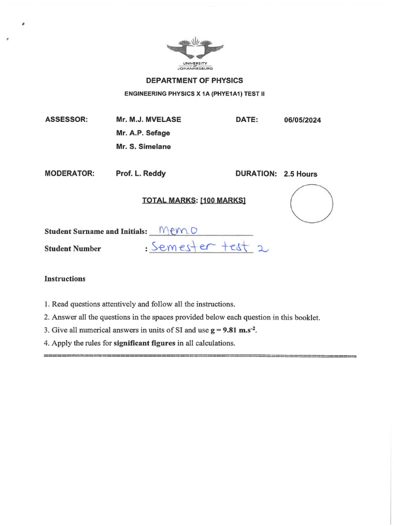 Semester Test 2 Memo - 2024 - 240602 - 180230 | PDF