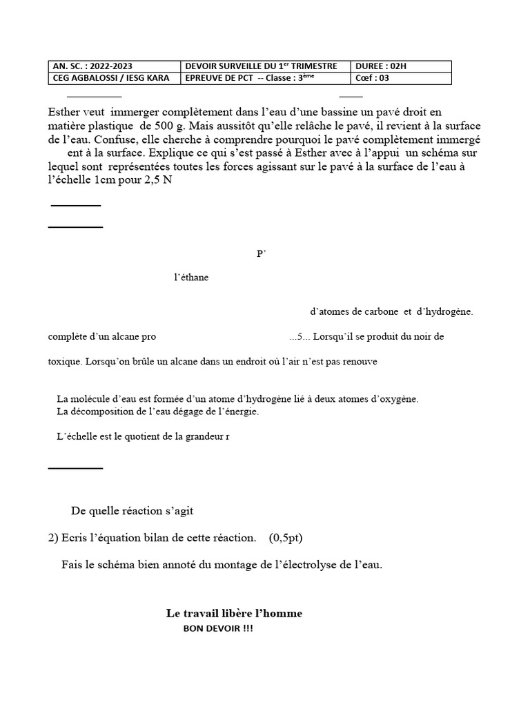 Devoir de PCT 3ème 22-23 Trim1 Final | PDF