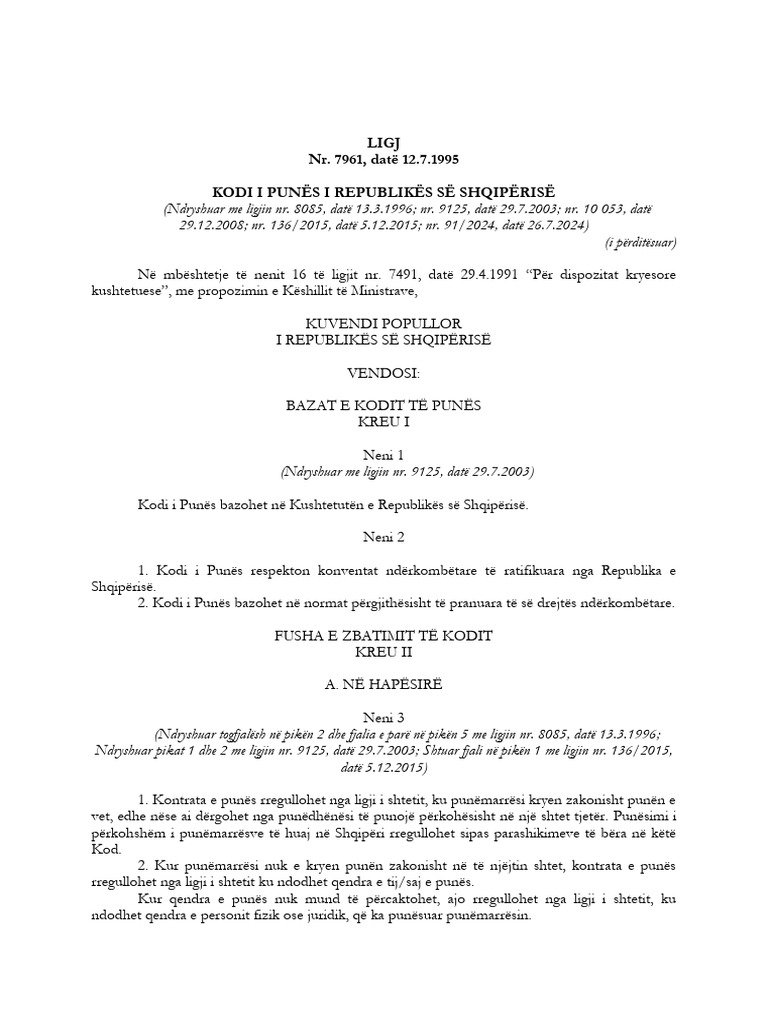Kodi I Punes - LIGJ - 2024 | PDF