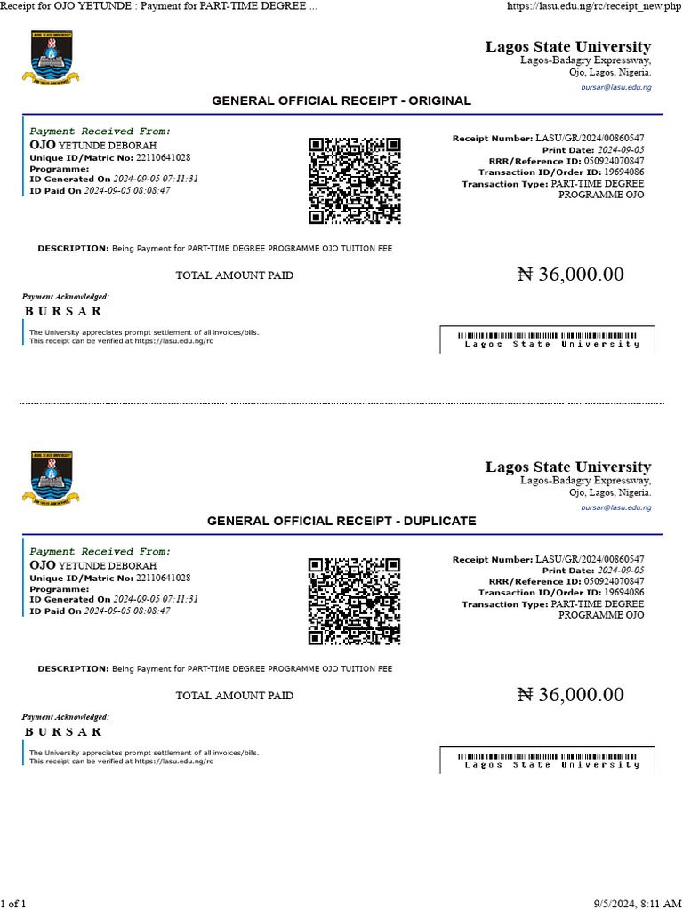 Receipt For OJO YETUNDE - Payment For PART-TIME DEGREE PROGRAMME OJO ...