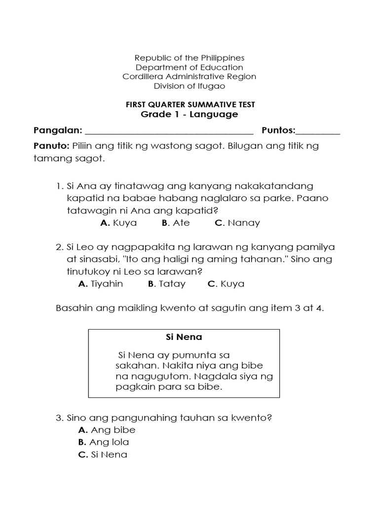 Quarter 1 - Grade 1 Language Summative Test | PDF | Foreign Language ...