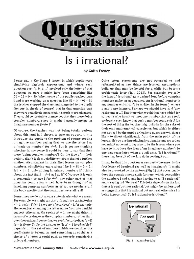 Foster, Mathematics in School, Is I Irrational | PDF | Numbers ...