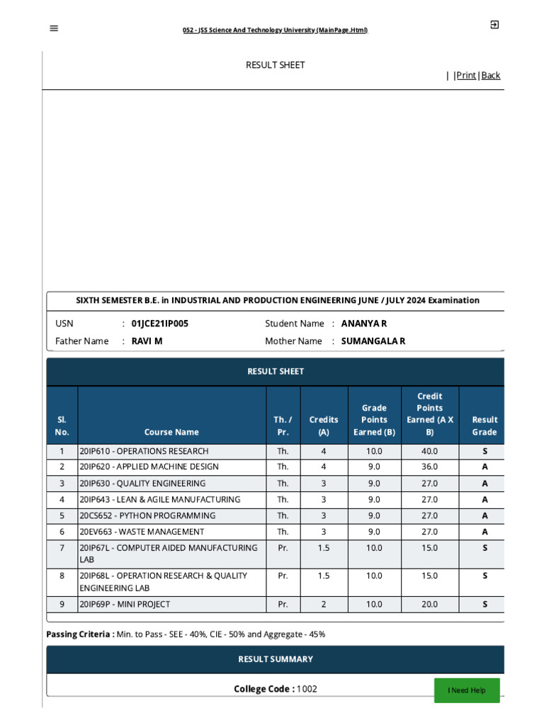 6th Sem Result - Ananya R | PDF