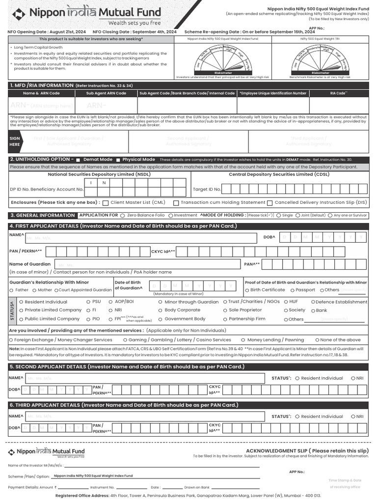 KIM NipponIndia Nifty 500 Equal Weight Index Fund Common Application Form | PDF