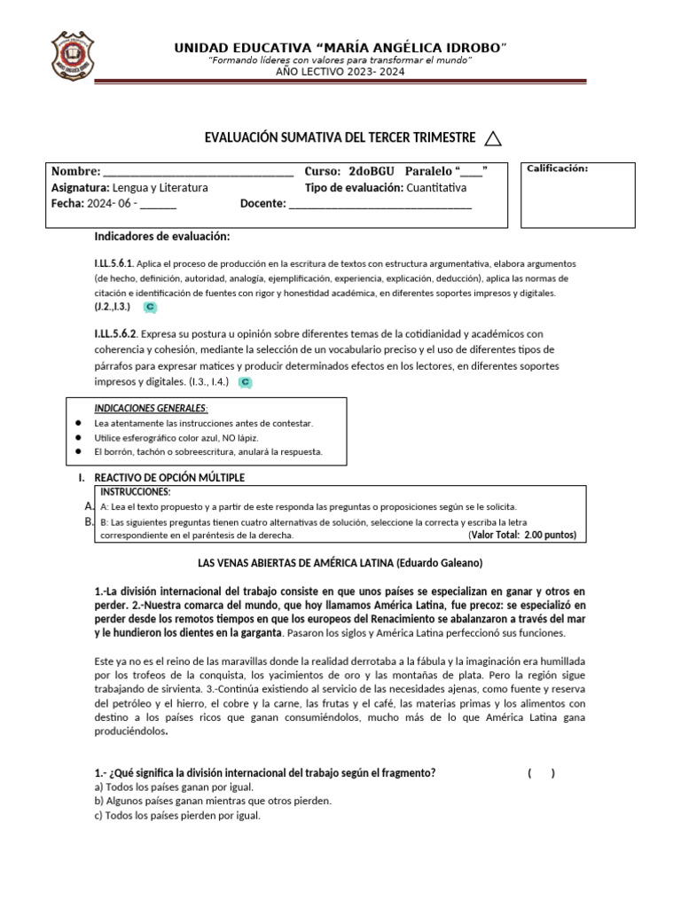2do Bgu Lengua y Literatura Examen 3t g3 | PDF