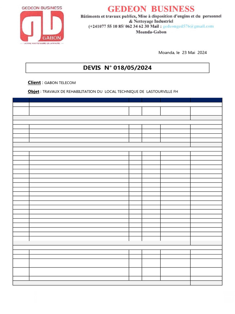 Devis Des Travaux de Rehabilitation Du Local Technique de Lastourville FH | PDF