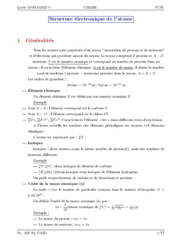 Cours Structure Électronique de L'atome 1 | PDF
