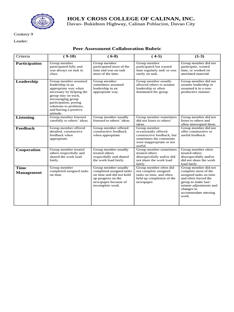 COOKERY 9 Peer Assessment Rubric | PDF