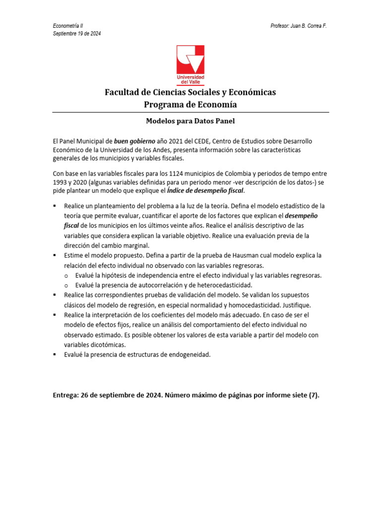 Taller No 3 - Modelo de Datos Panel | PDF