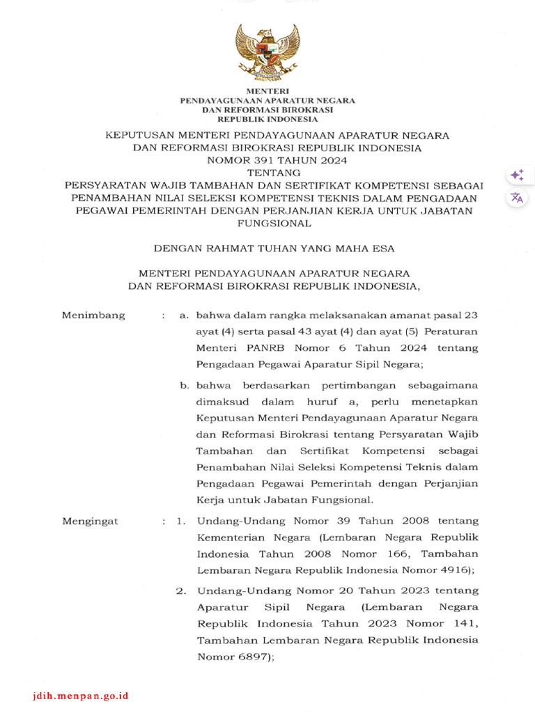 2024 Kepmenpanrb 391 | PDF