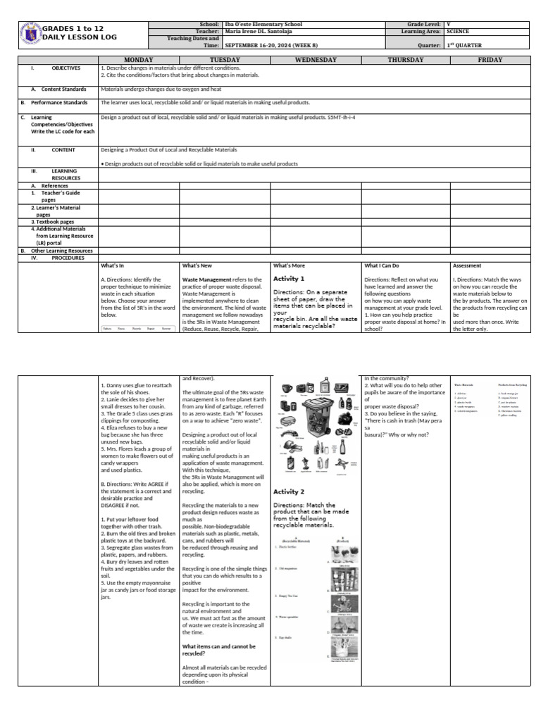 DLL - Science 5 - Q1 - W8 | PDF