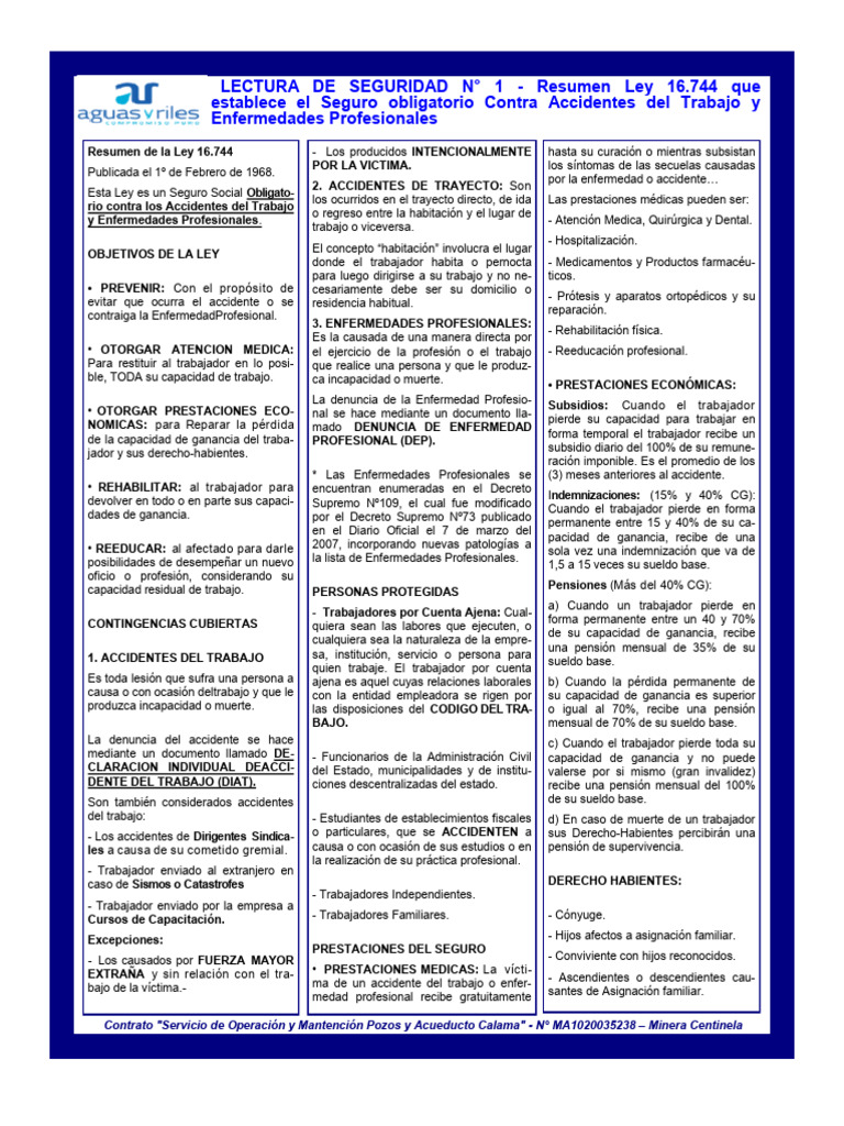Lectura #1 - Resumen Ley 16.744 | PDF