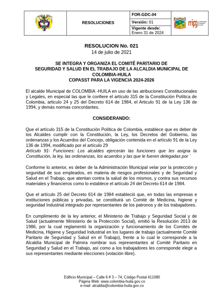 RESOLUCION No. 021 Copasst | PDF