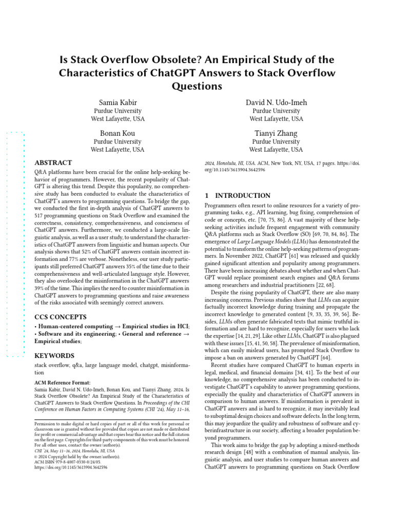 Is Stack Overflow Obsolete? An Empirical Study of The Characteristics of Chatgpt Answers To ...