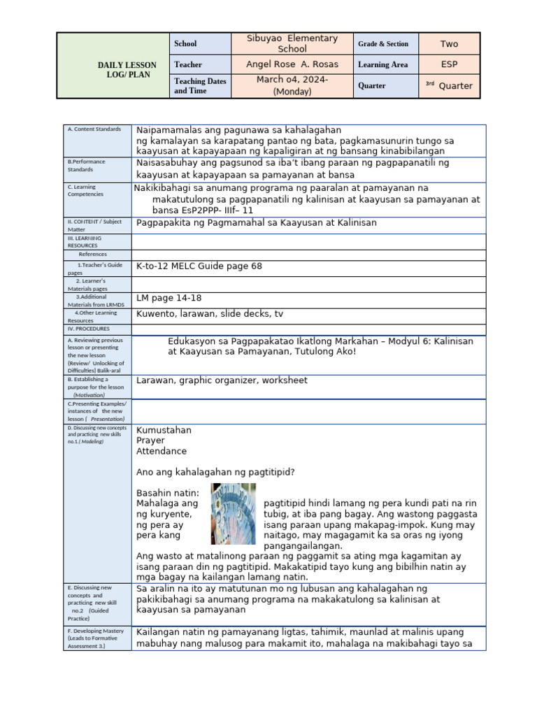 DLL-Q3 W6 Grade 2 D1 All Subj Final | PDF