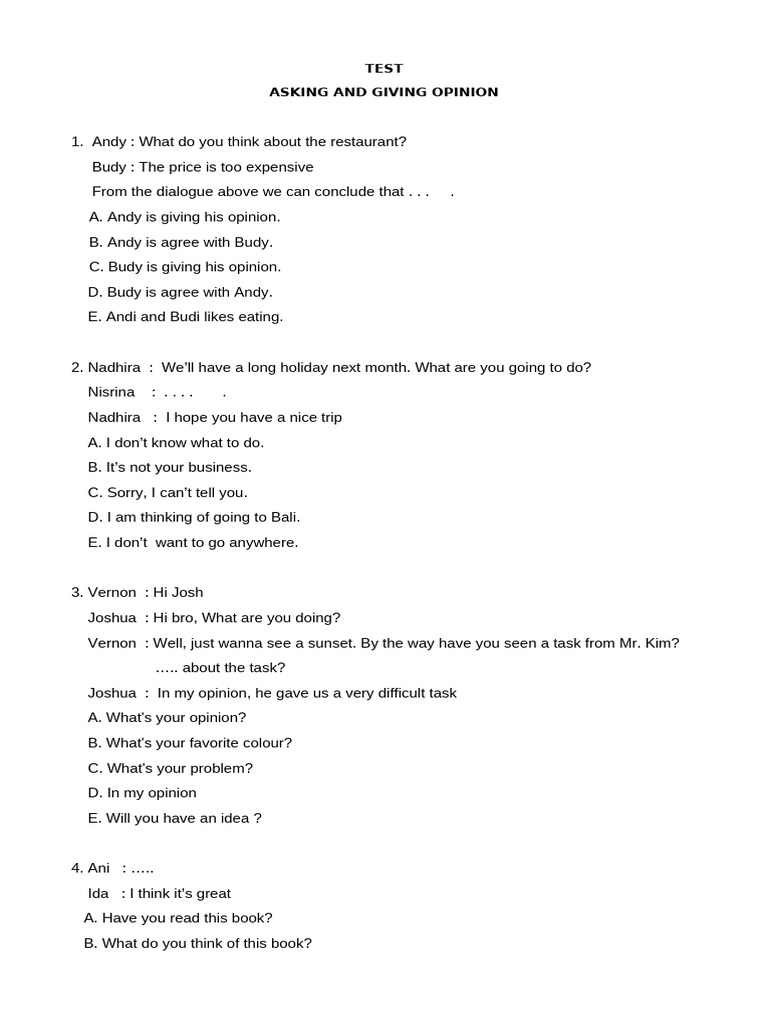 Soal Asking and Giving Opinion | PDF | Junk Food