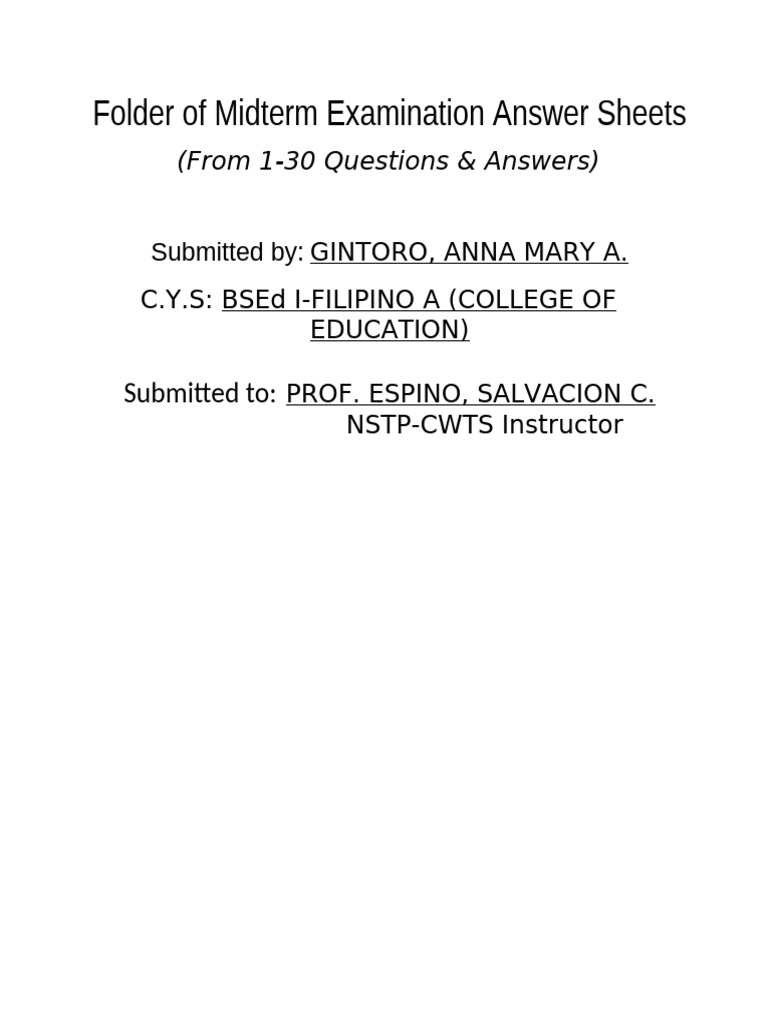 Folder of Midterm Examination Answer Sheets | PDF