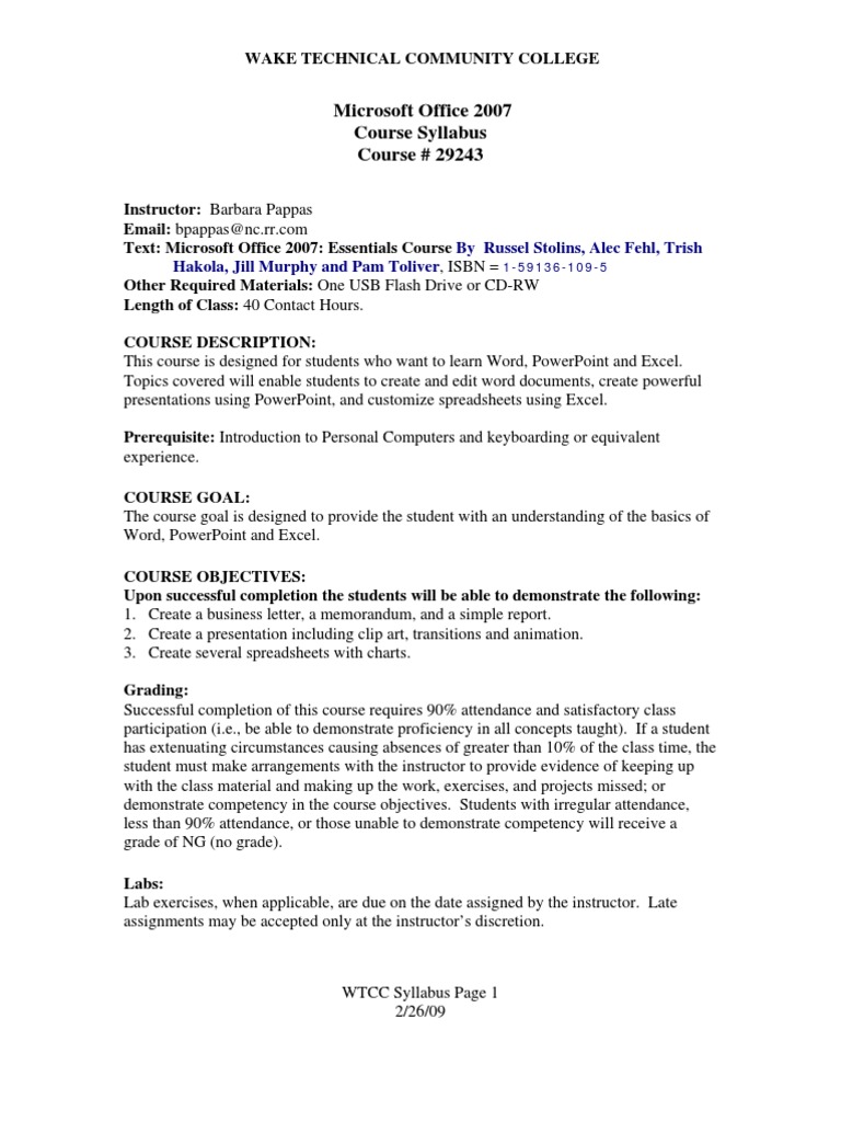 Microsoft Office 2007 Course Syllabus | PDF | Microsoft Excel | Syllabus