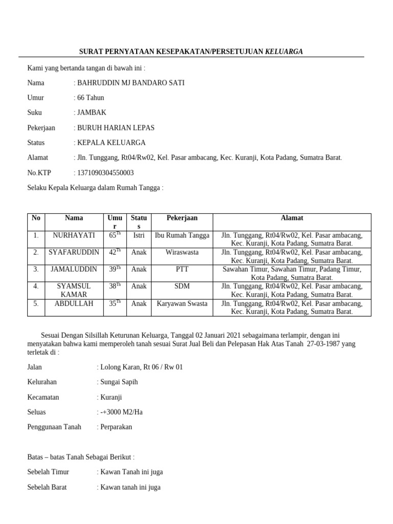 SURAT PERNYATAAN KESEPAKATAN KELUARGA BAHARUDDIN MJ BS3000m2 | PDF