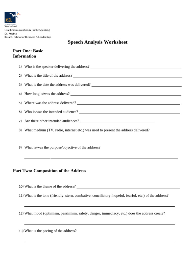 Speech Analysis Worksheet DR Rubina | PDF