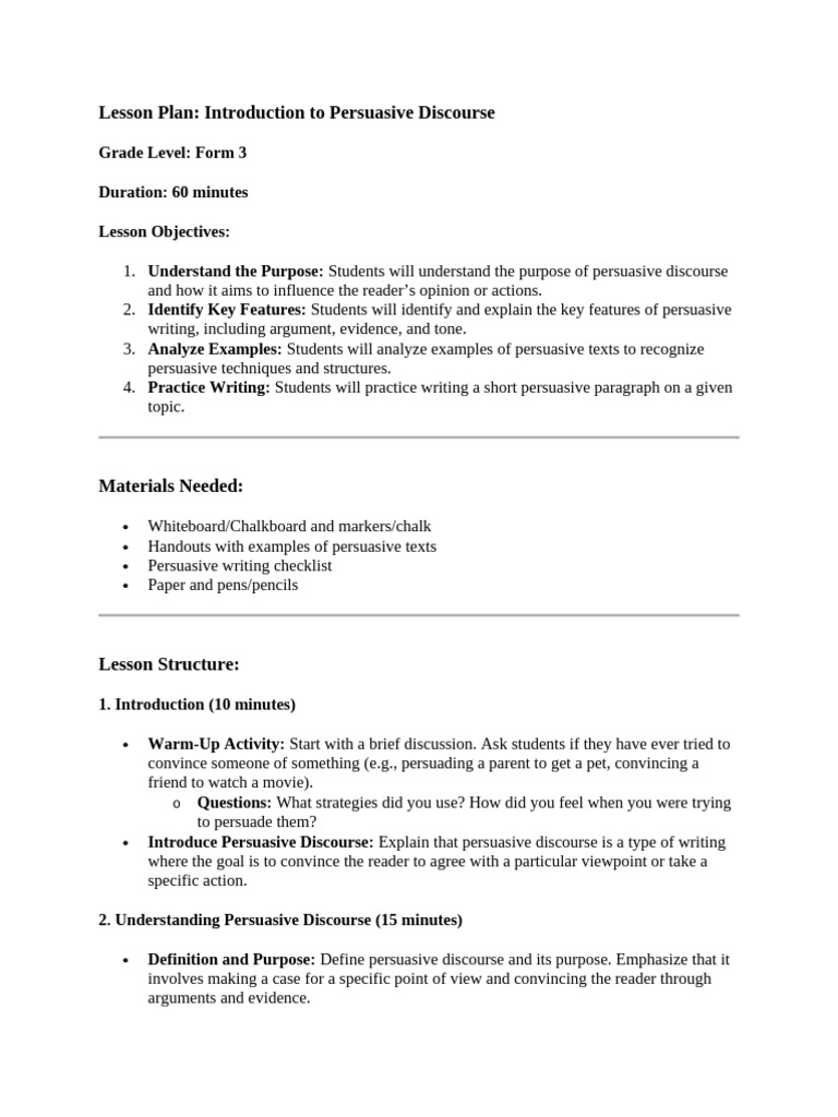 Lesson Plan - Introductory Persuasive Writing | PDF