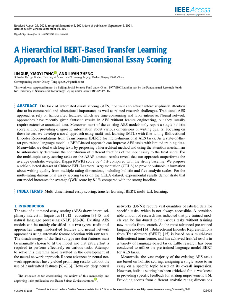 A Hierarchical BERT-Based Transfer Learning Approach For Multi-Dimensional Essay Scoring | PDF ...