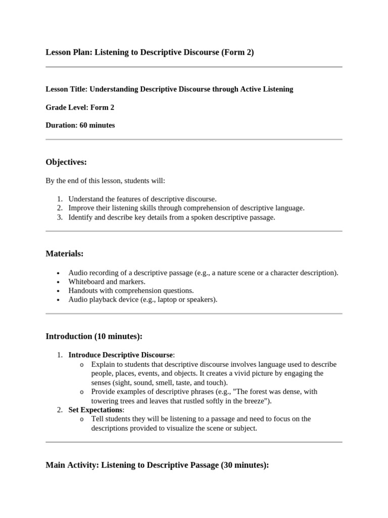 Day 3-Lesson Plan-Listen To Descriptive Discourse | PDF