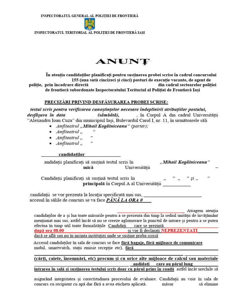 Anunt Proba Scrisa Concurs 155 Posturi Agent de Politie HUB | PDF