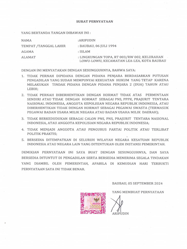 SURAT PERNYATAAN ARIFUDIN E-MATERAI | PDF