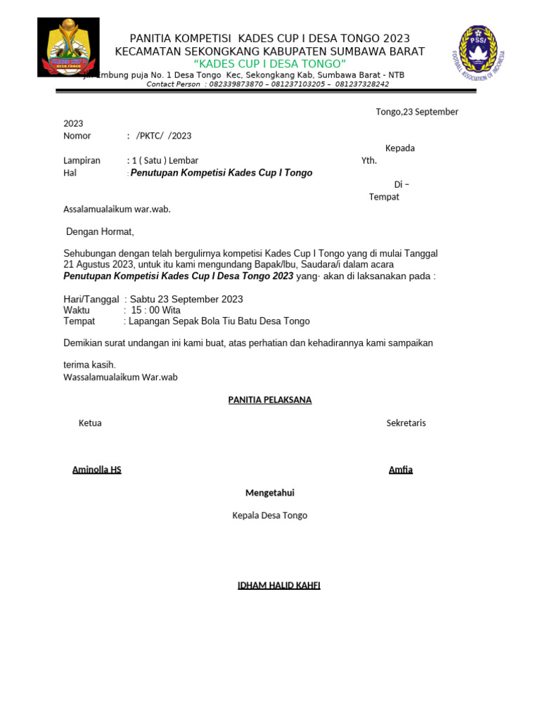 Undangan Penutupan Kades Cup I Desa Tongo | PDF