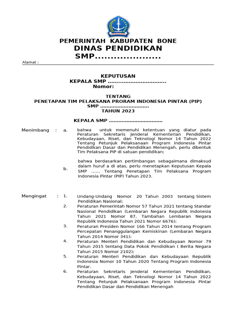 Contoh Template SK Tim Pelaksana PIP | PDF