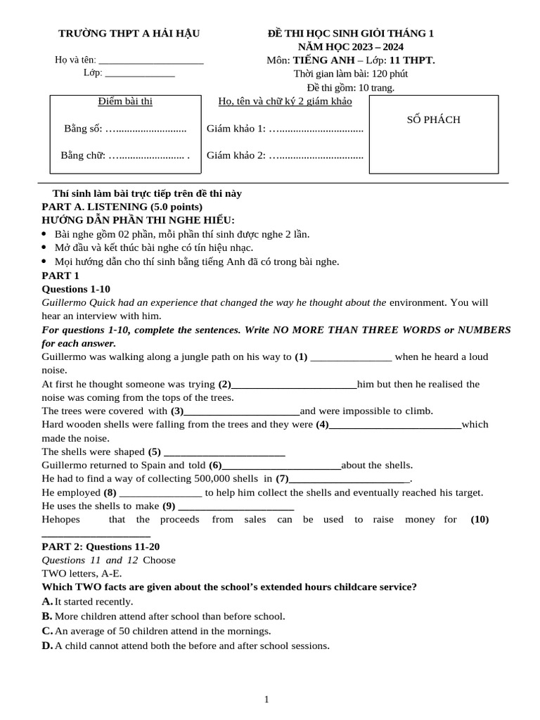 ĐỀ THI THỬ HSG 11 THÁNG 1 | PDF
