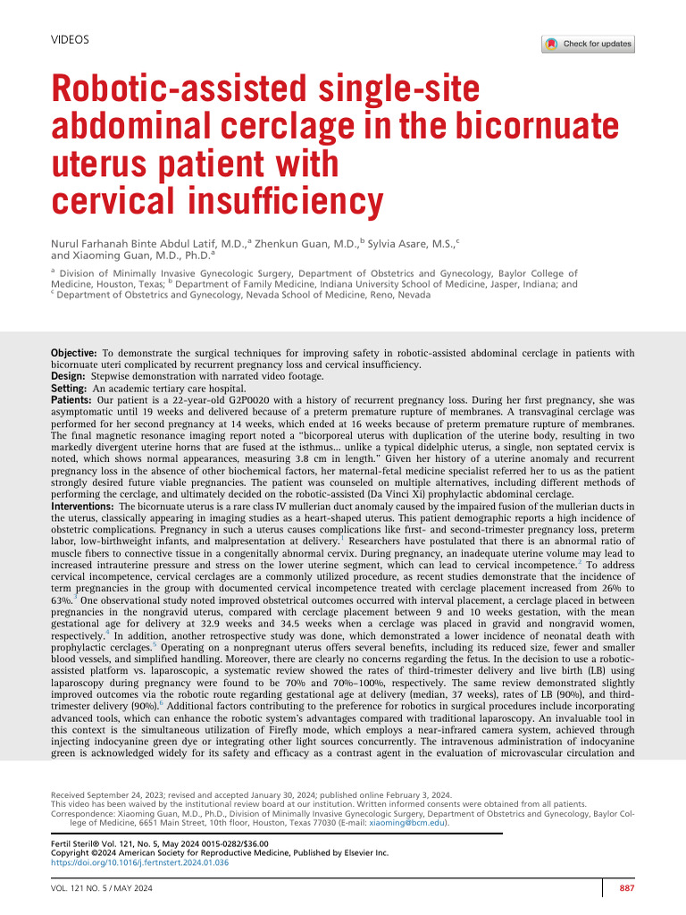 Robotic Assisted Single Site Abdominal Cerclage in | PDF